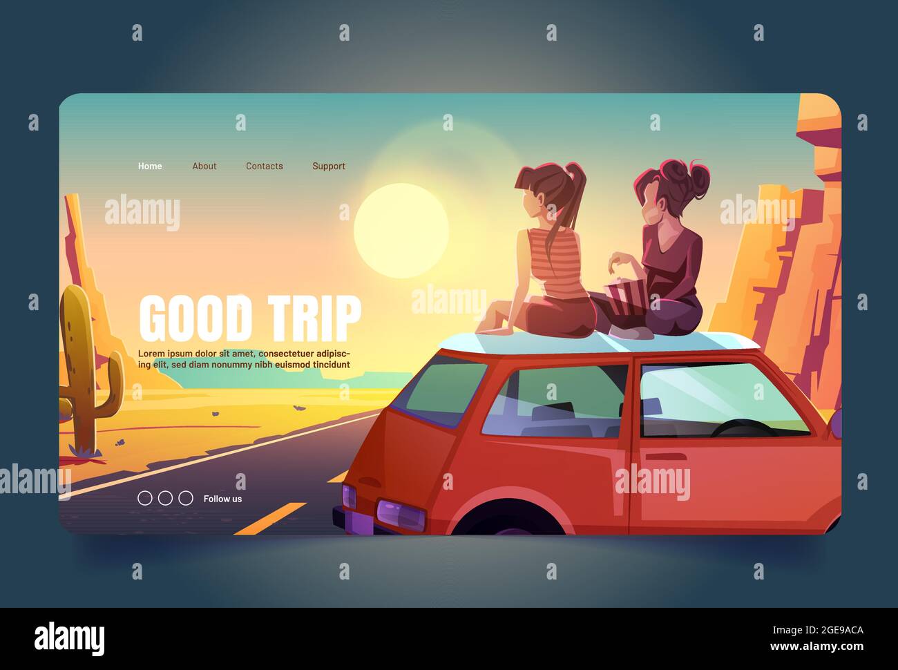Good trip cartoon landing, girlfriends on car roof Stock Vector Image ...