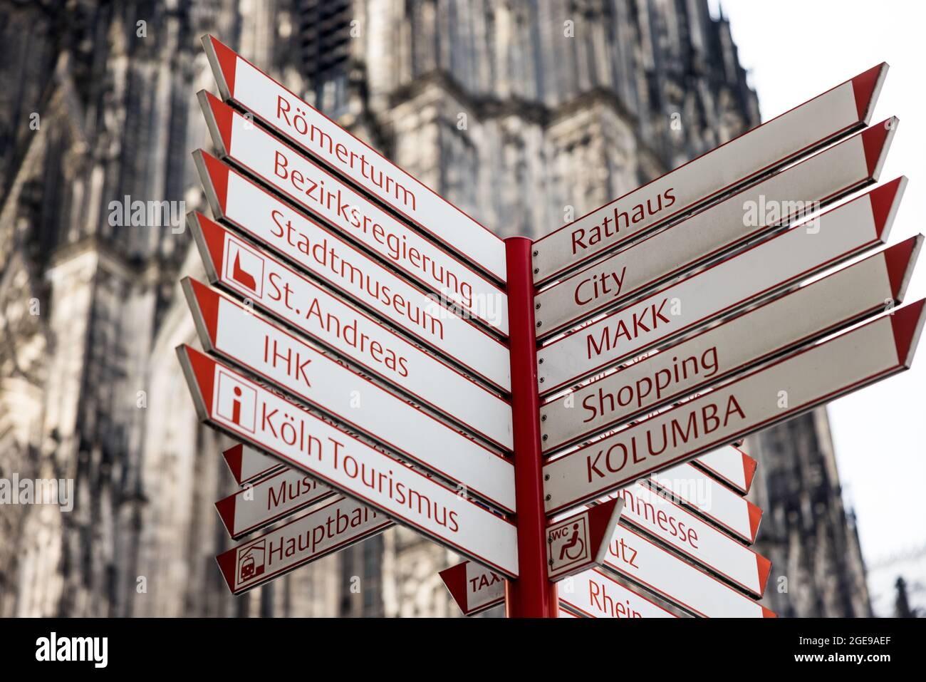 Signpost along the road with Cologne Cathedral on the background in ...