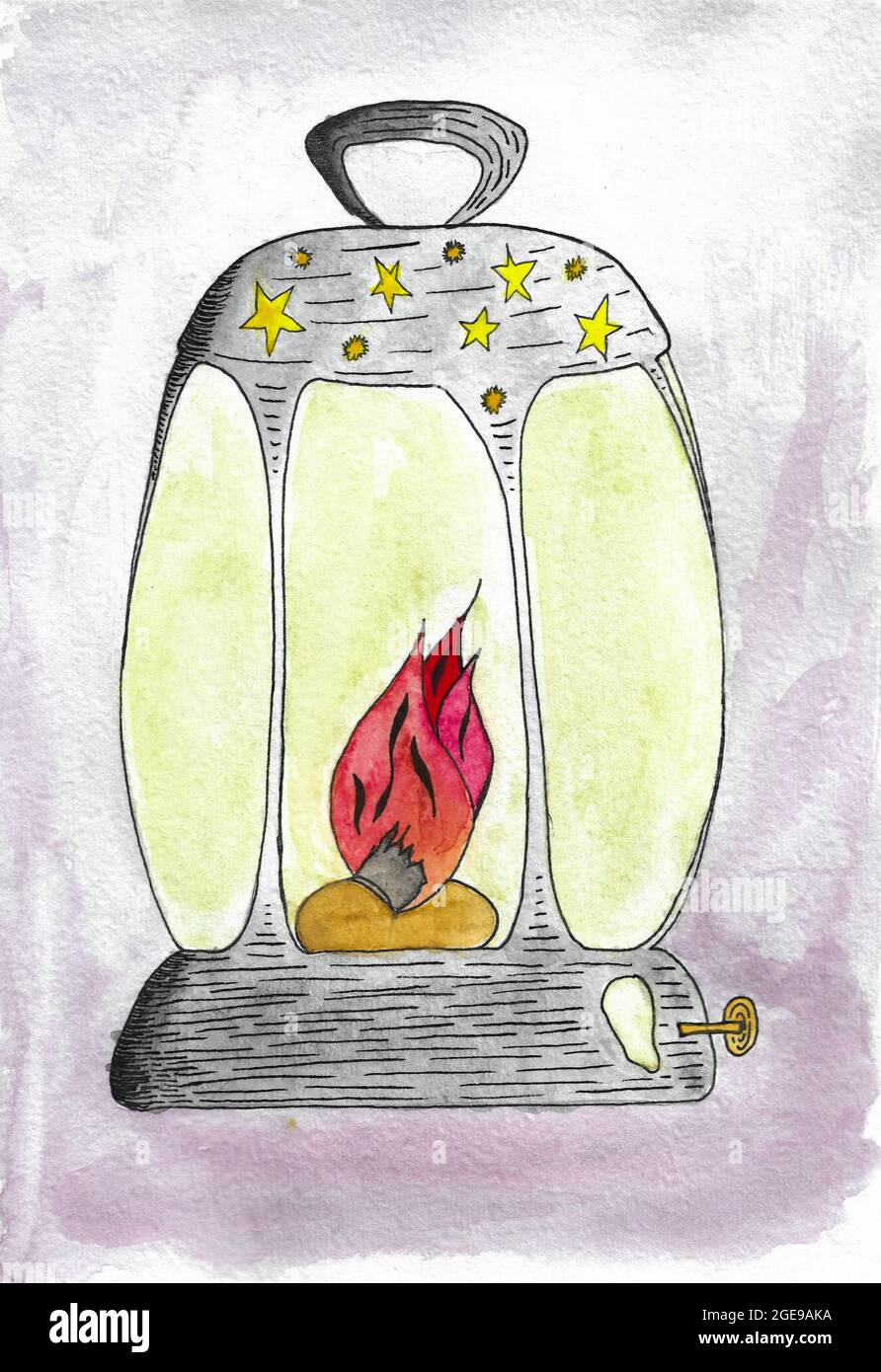 Lamp with fire and light from it. Drawn by hand with watercolor in a ...