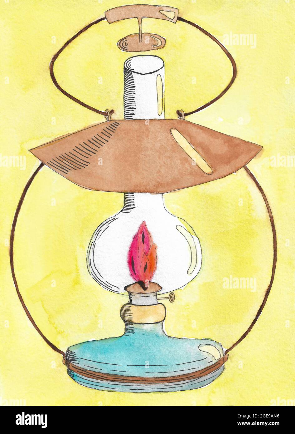 Lamp with fire and light from it. Drawn by hand with watercolor in a ...