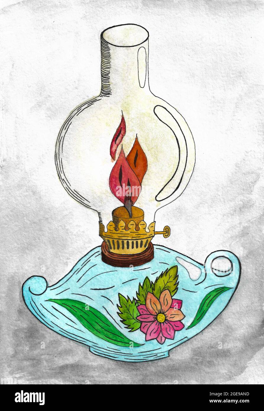 Lamp with fire and light from it. Drawn by hand with watercolor in a ...