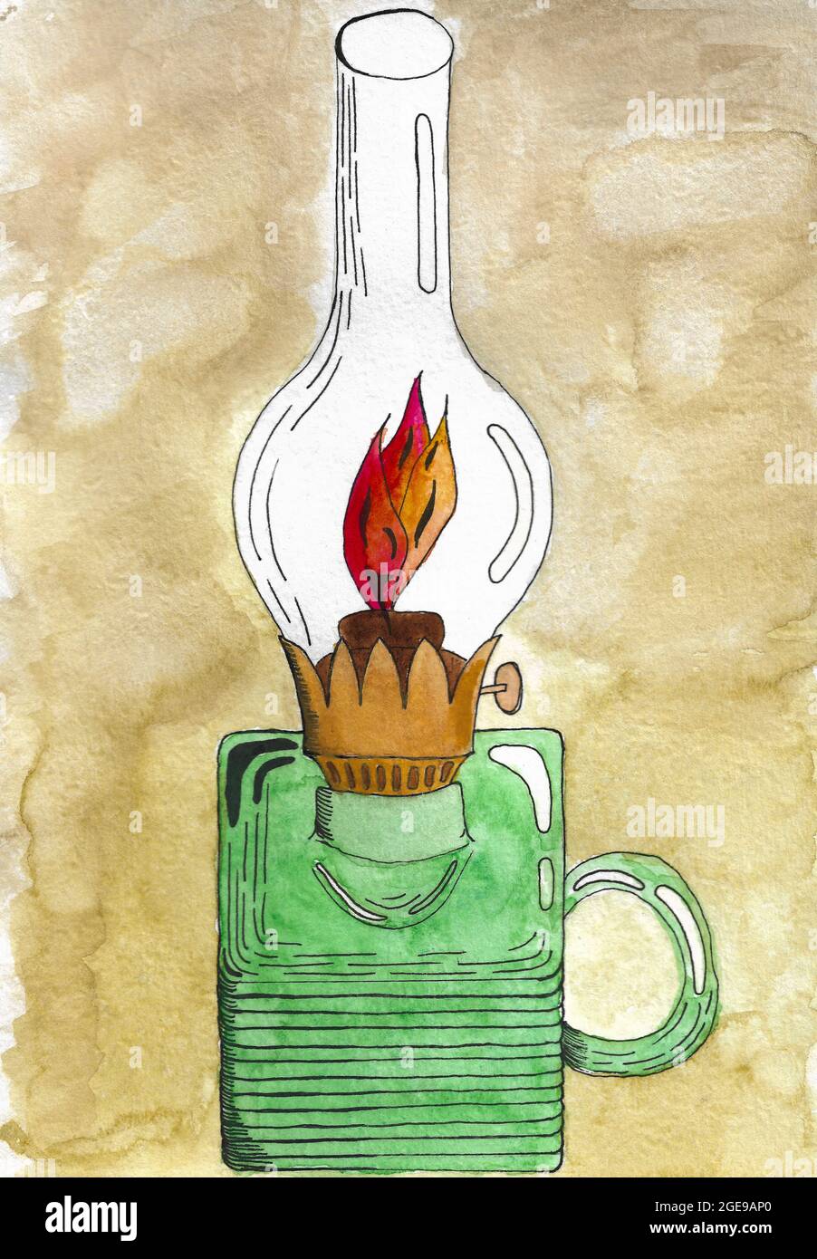 Lamp with fire and light from it. Drawn by hand with watercolor in a ...