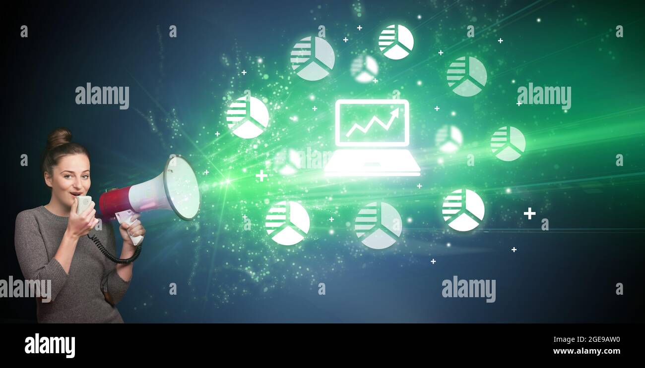 Young person with megaphone and business icon Stock Photo - Alamy