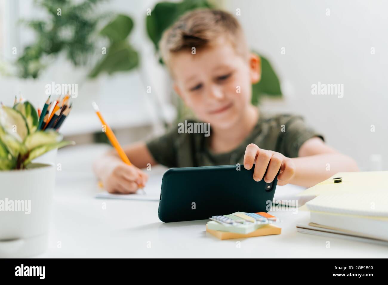 Back to school. Distance learning online education. Caucasian smile kid ...