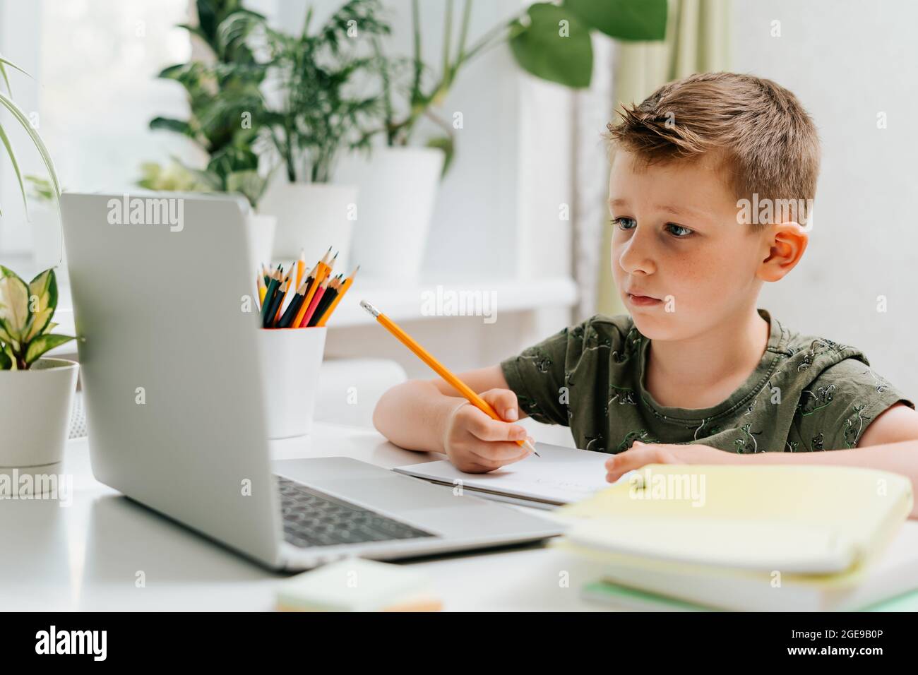 Distance learning online education. Caucasian smile kid boy studying at ...