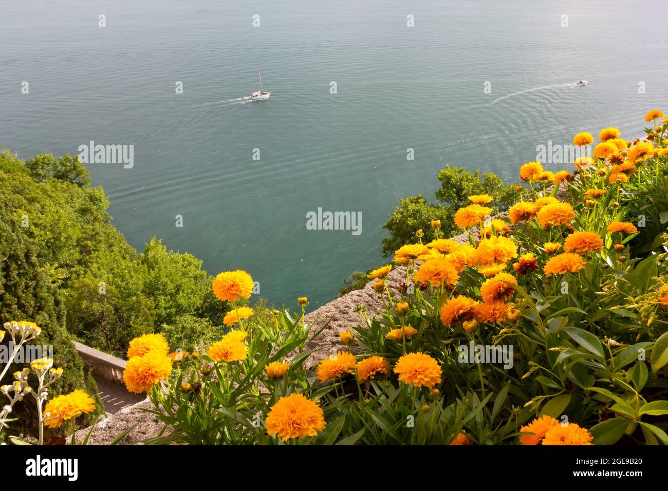 Flowerbed of marigolds on a terrace facing the sea in the Castle of ...