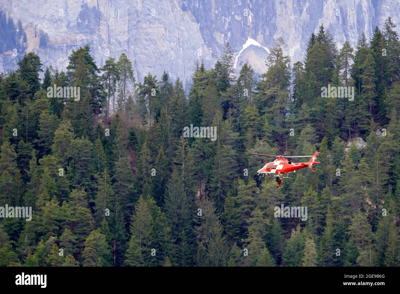 Helicopter of Swiss rescue system flying over Ruinaulta ravine or gorge, performing a rescue ...