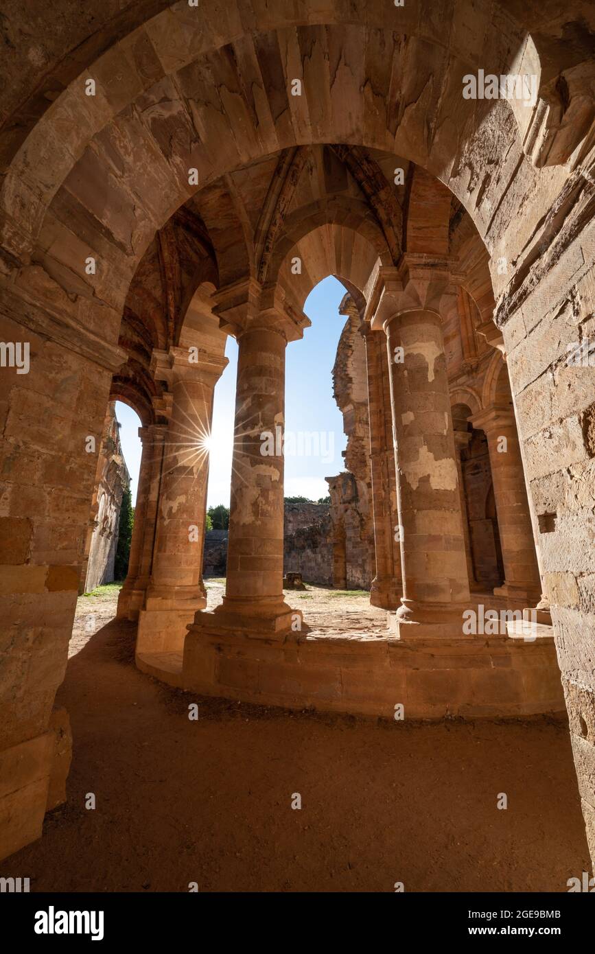 Old ruined monastery building against starry sun Stock Photo - Alamy
