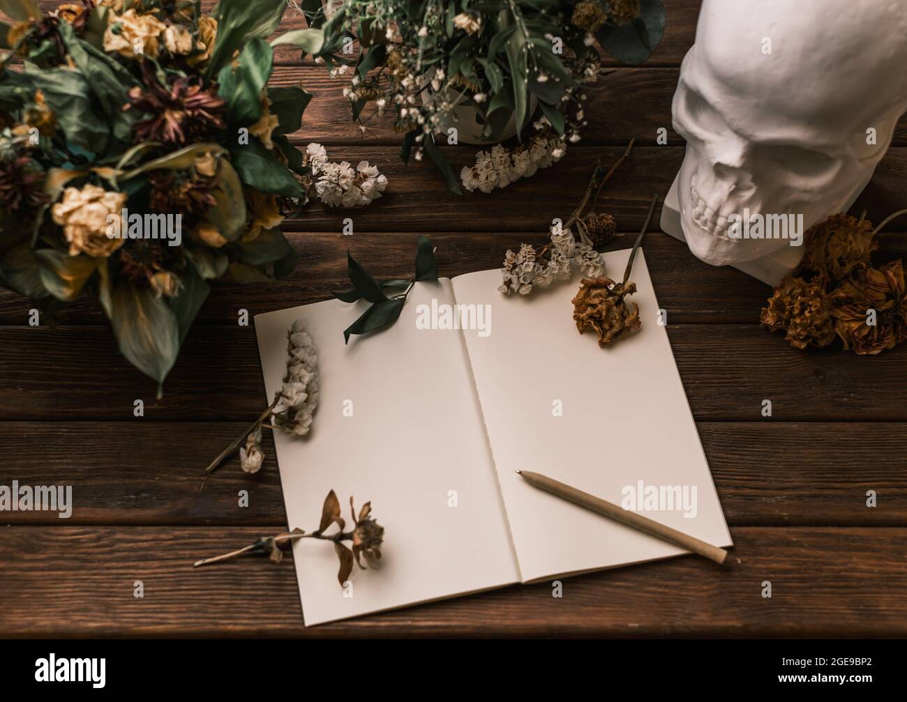 Gothic romantic theme. Notebook or diary with dried flowers and a skull ...