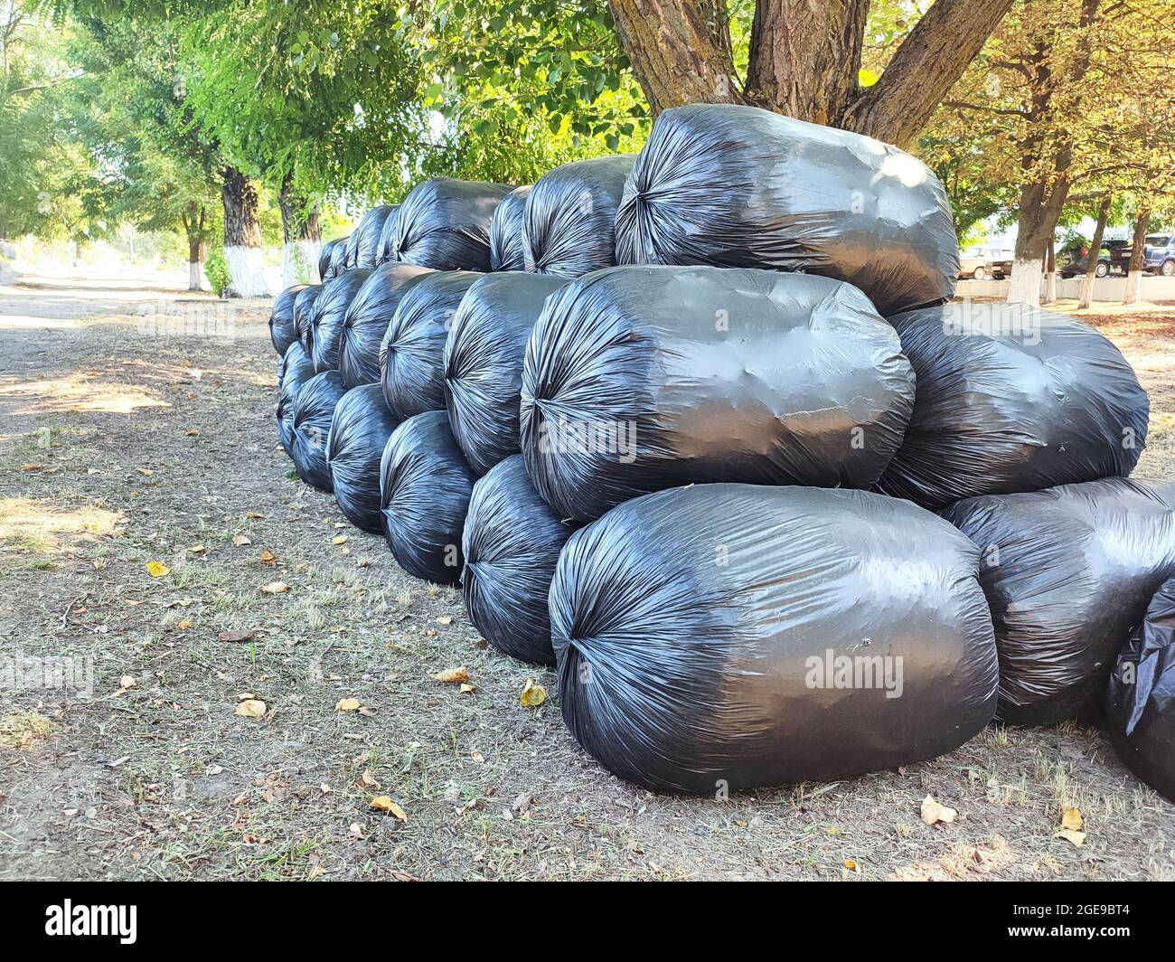 Pile of full black garbage plastic bio bags with trash outdoor Stock ...