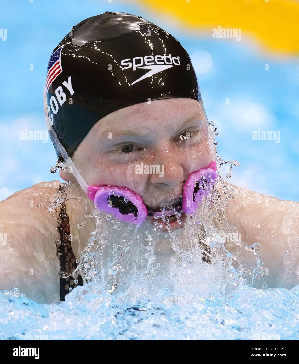 Lydia Jacoby of the United States swims with her goggles slipping down ...