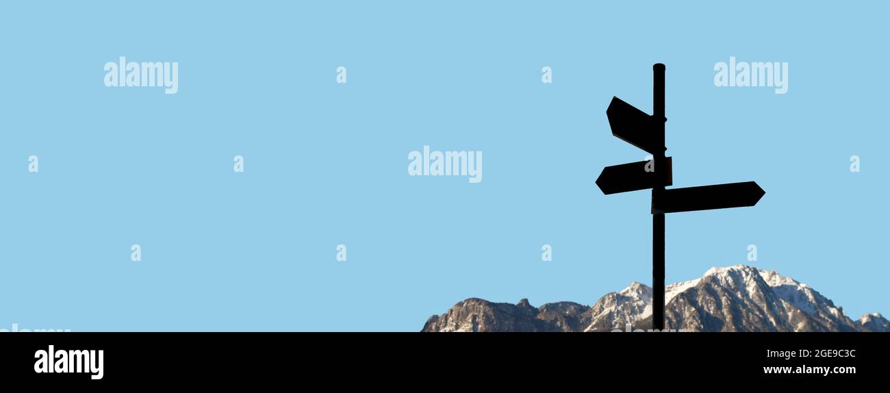 Banner with mountains with black hiking trailhead post showing ...