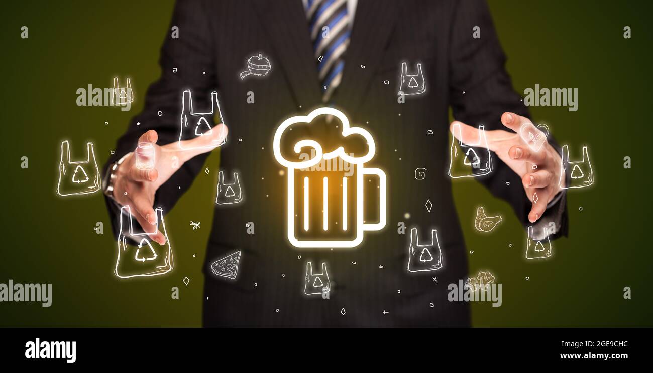 Hand holding food related icons Stock Photo - Alamy