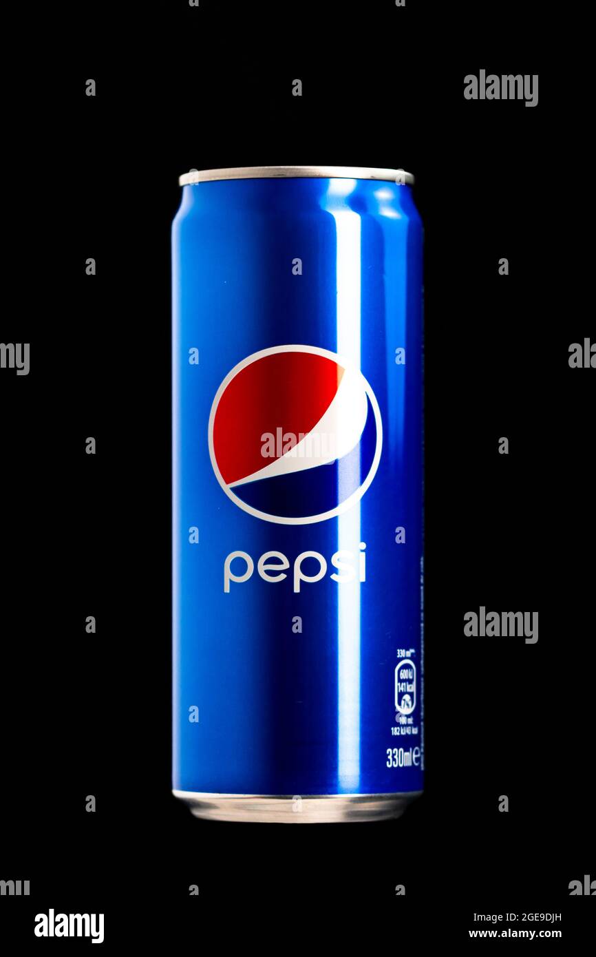 Editorial photo of classic Pepsi can on black background. Studio shot ...