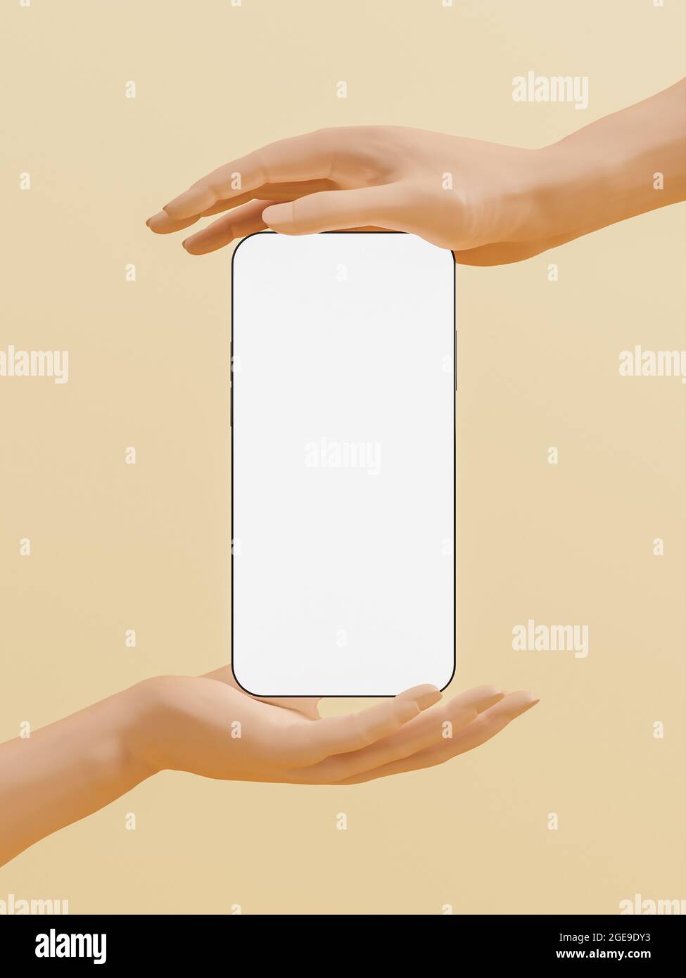 mockup of mobile phone with hands around and beige background. 3d ...