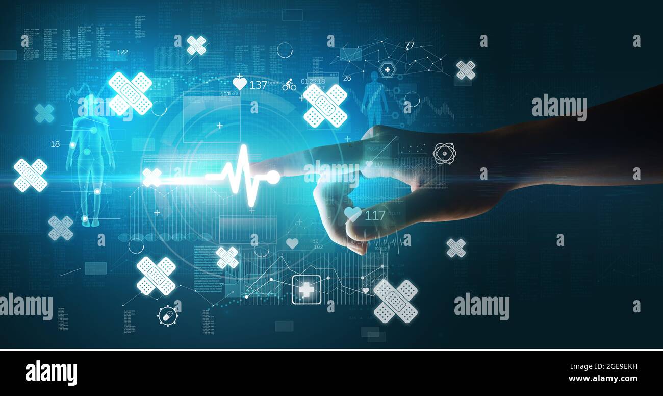Doctor hand pressing futuristic health device with medical symbol on screen Stock Photo - Alamy