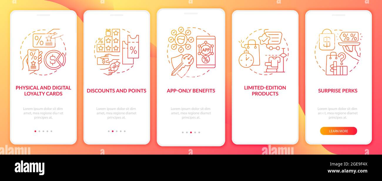 Grocery store loyalty program red gradient onboarding app page screen ...