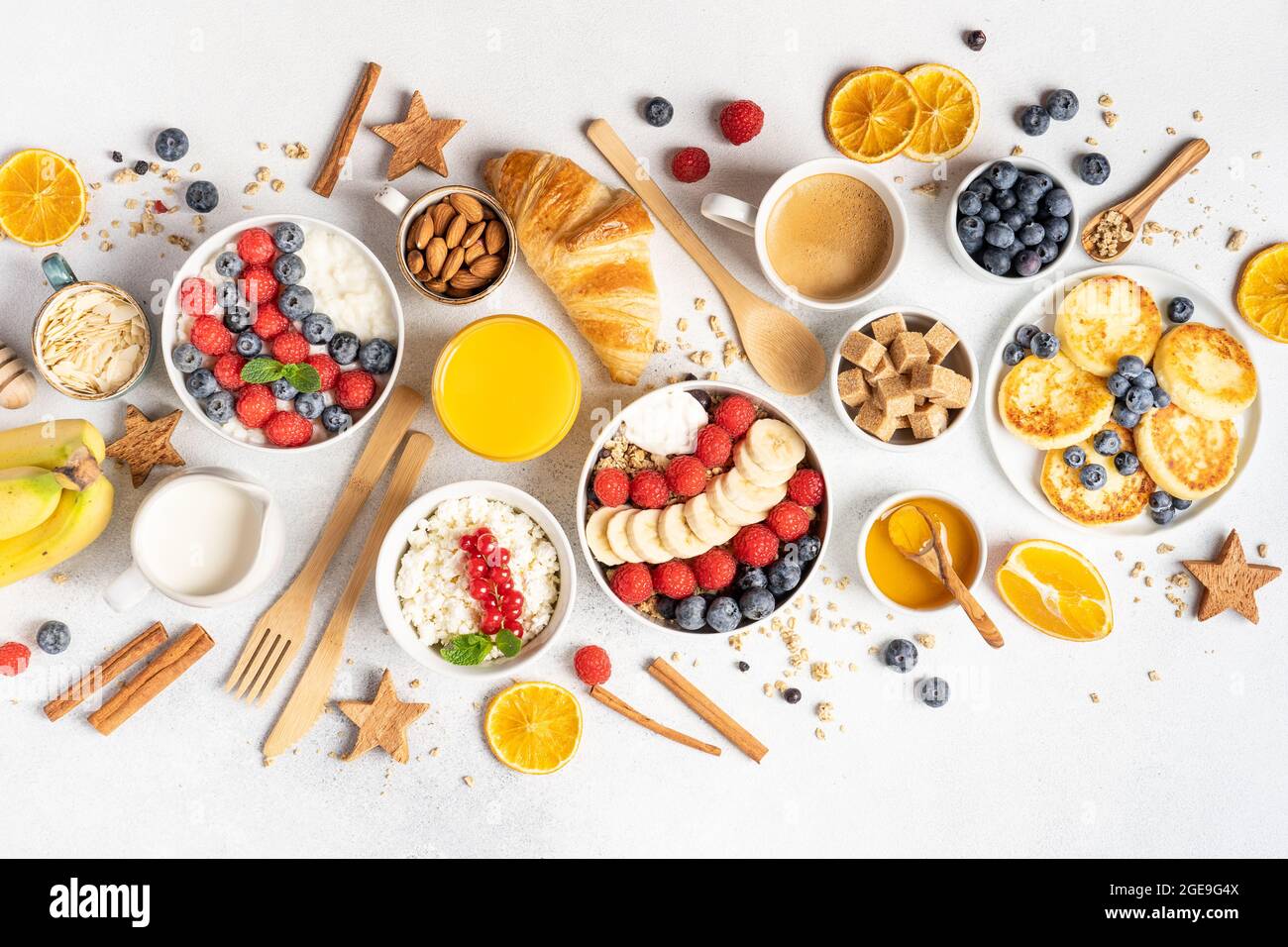 The continental breakfast is captured from above, top view Stock Photo ...