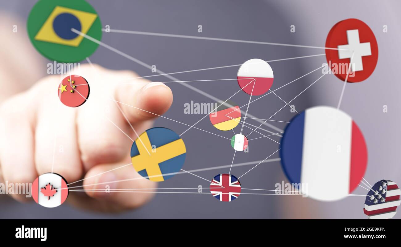Hand selecting from connected icons of different country flags Stock ...