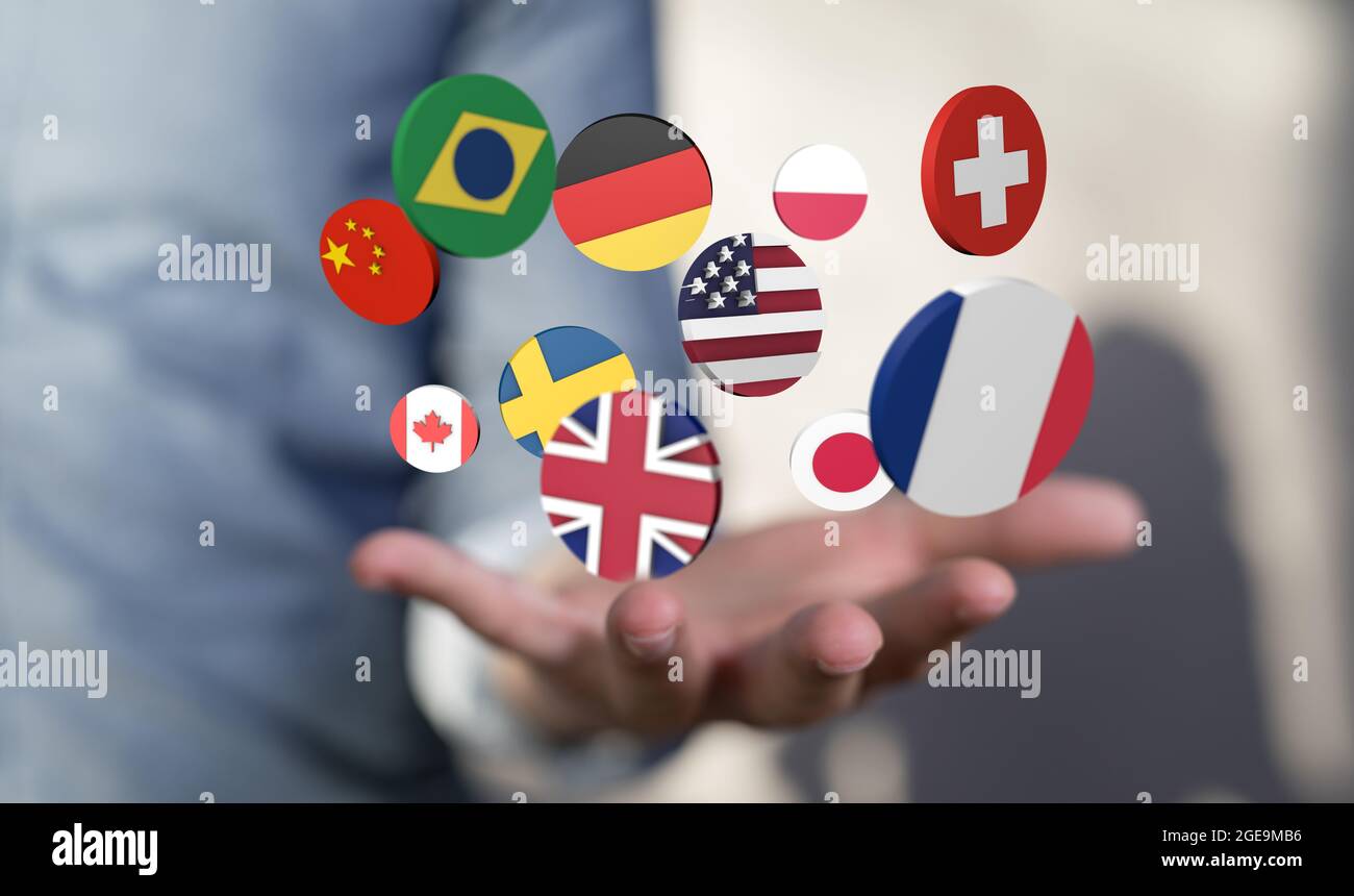 Hand holding floating icons of different country flags Stock Photo - Alamy