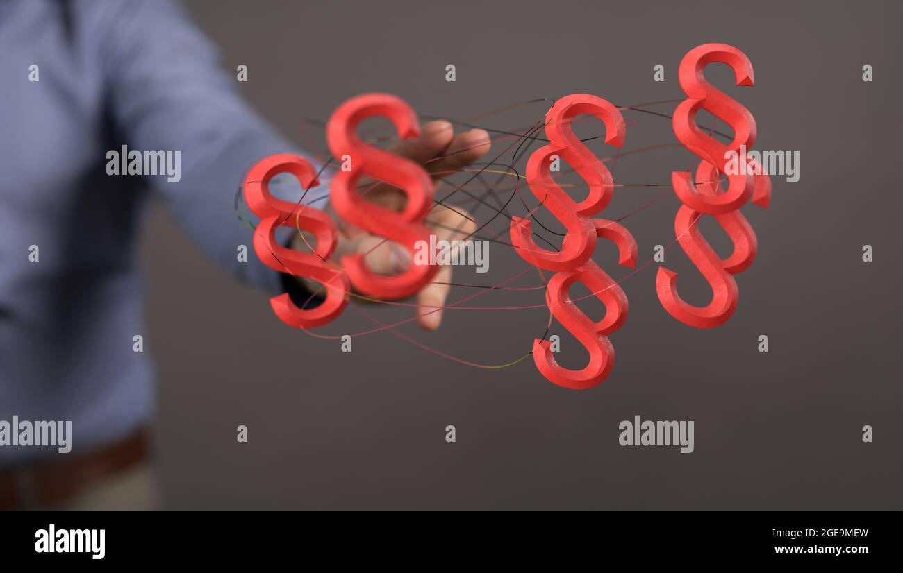 3D render of floating paragraph law and justice symbols near a lawyer's ...