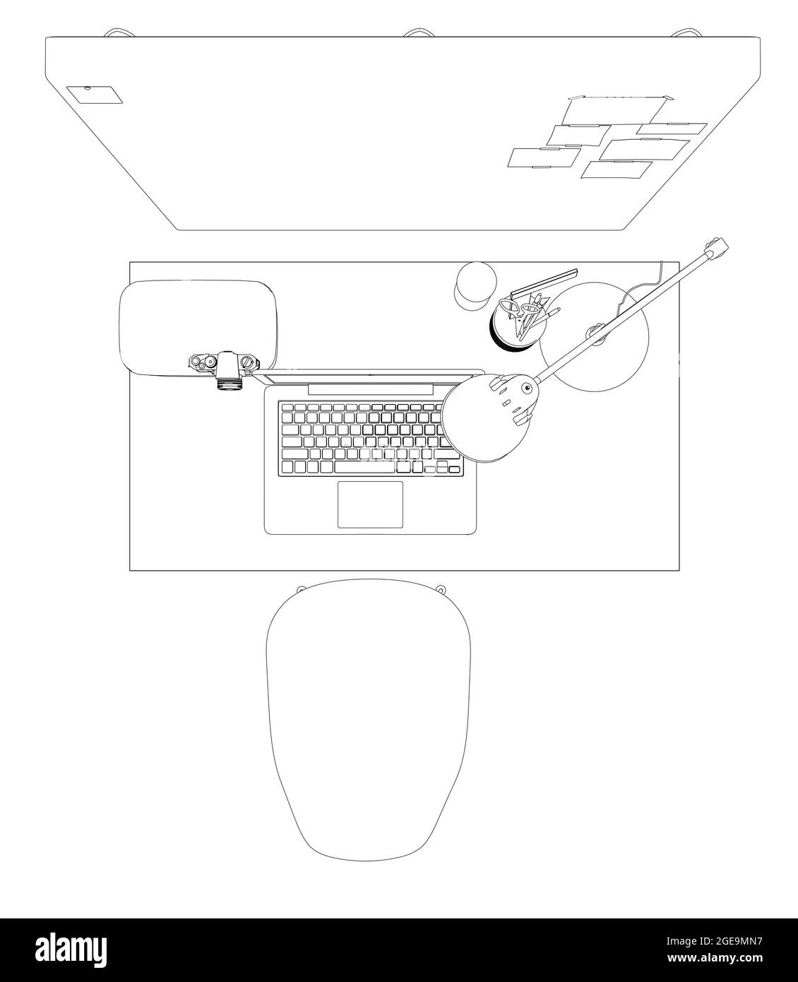 Contour of a workplace with a table, chair, laptop, lamp, camera and ...