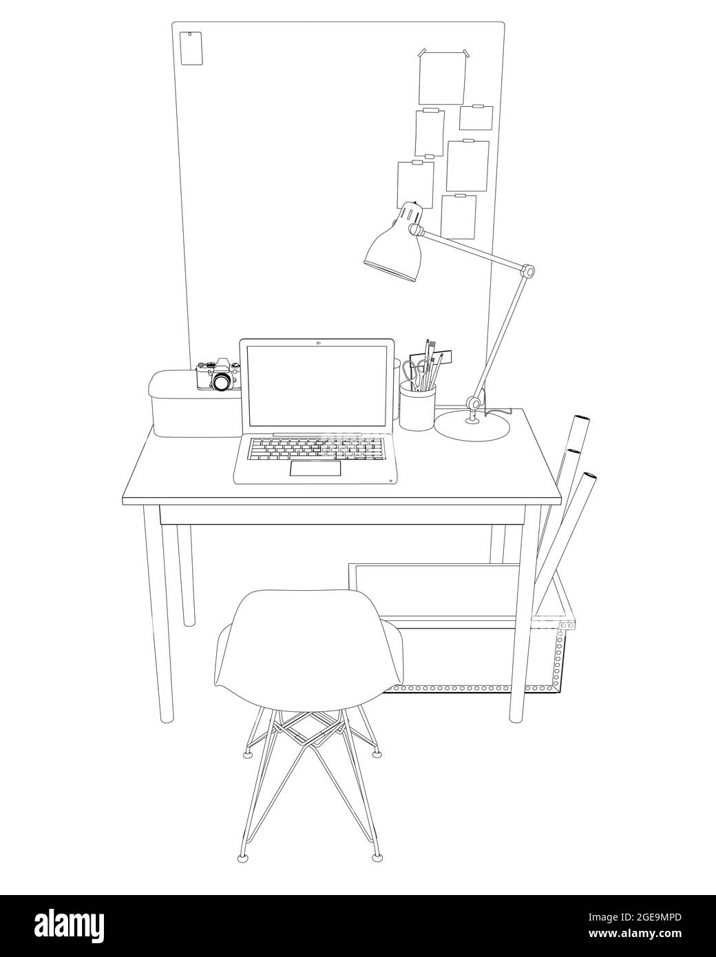 Contour of a workplace with a table, chair, laptop, lamp, camera and ...