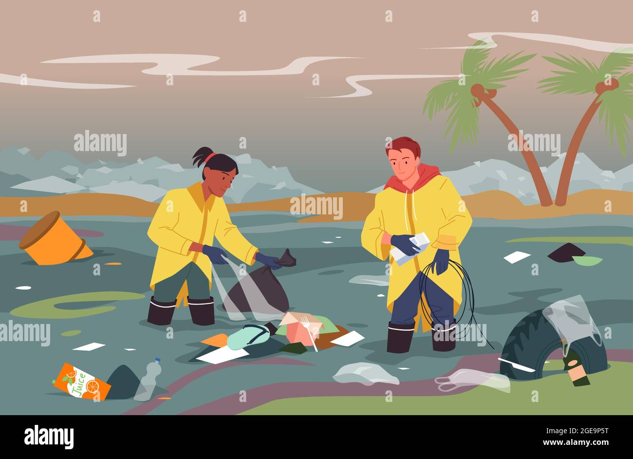 Cartoon volunteer worker characters cleaning water from plastic bags ...