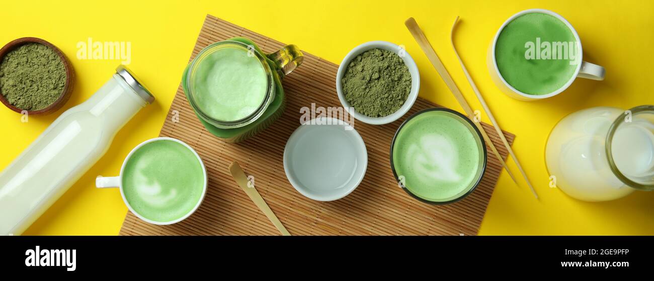 Matcha latte and accessories for making on yellow background Stock ...