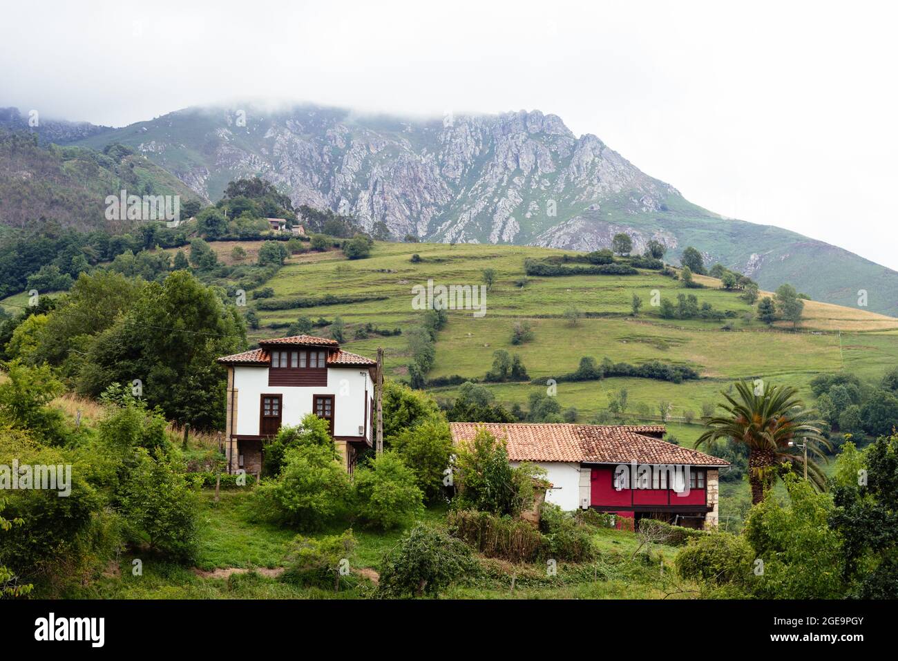 Scenic view of valley in Asturias with traditional farm buildings and ...