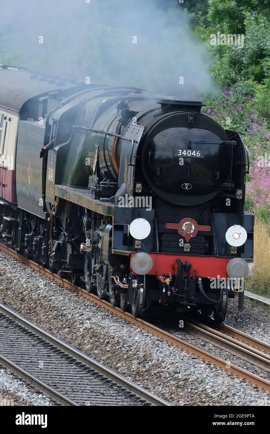 Steam locomotive 34046 Braunton passing through Kilnhurst, South ...