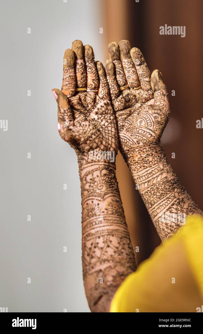 Woman's hand covered in traditional Henna Mehandi body art Stock Photo ...