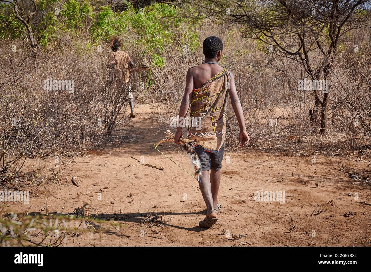 hunting bushmen of Hadzabe tribe with bow and arrow, Lake Eyasi ...