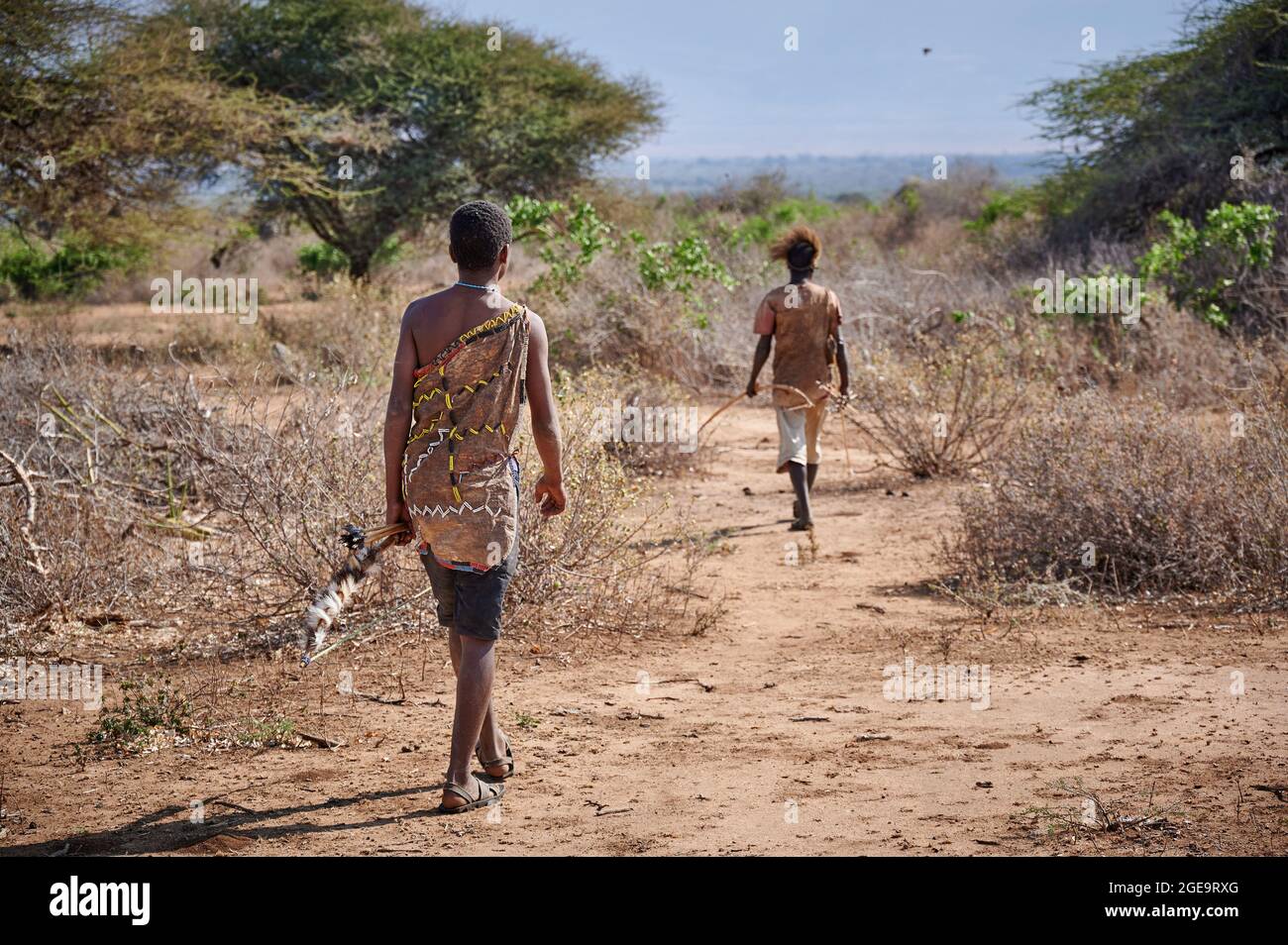 hunting bushmen of Hadzabe tribe with bow and arrow, Lake Eyasi ...