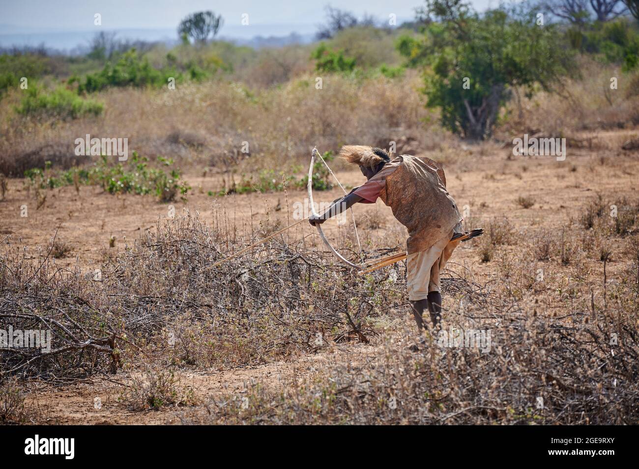 hunting bushmen of Hadzabe tribe with bow and arrow, Lake Eyasi ...
