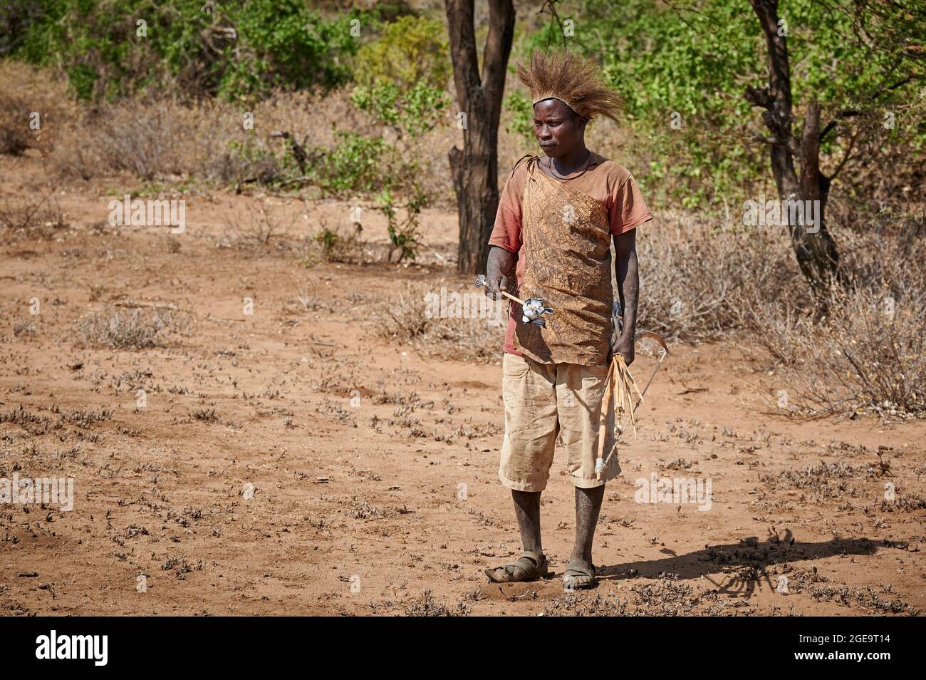 hunting bushmen of Hadzabe tribe with bow and arrow, Lake Eyasi ...
