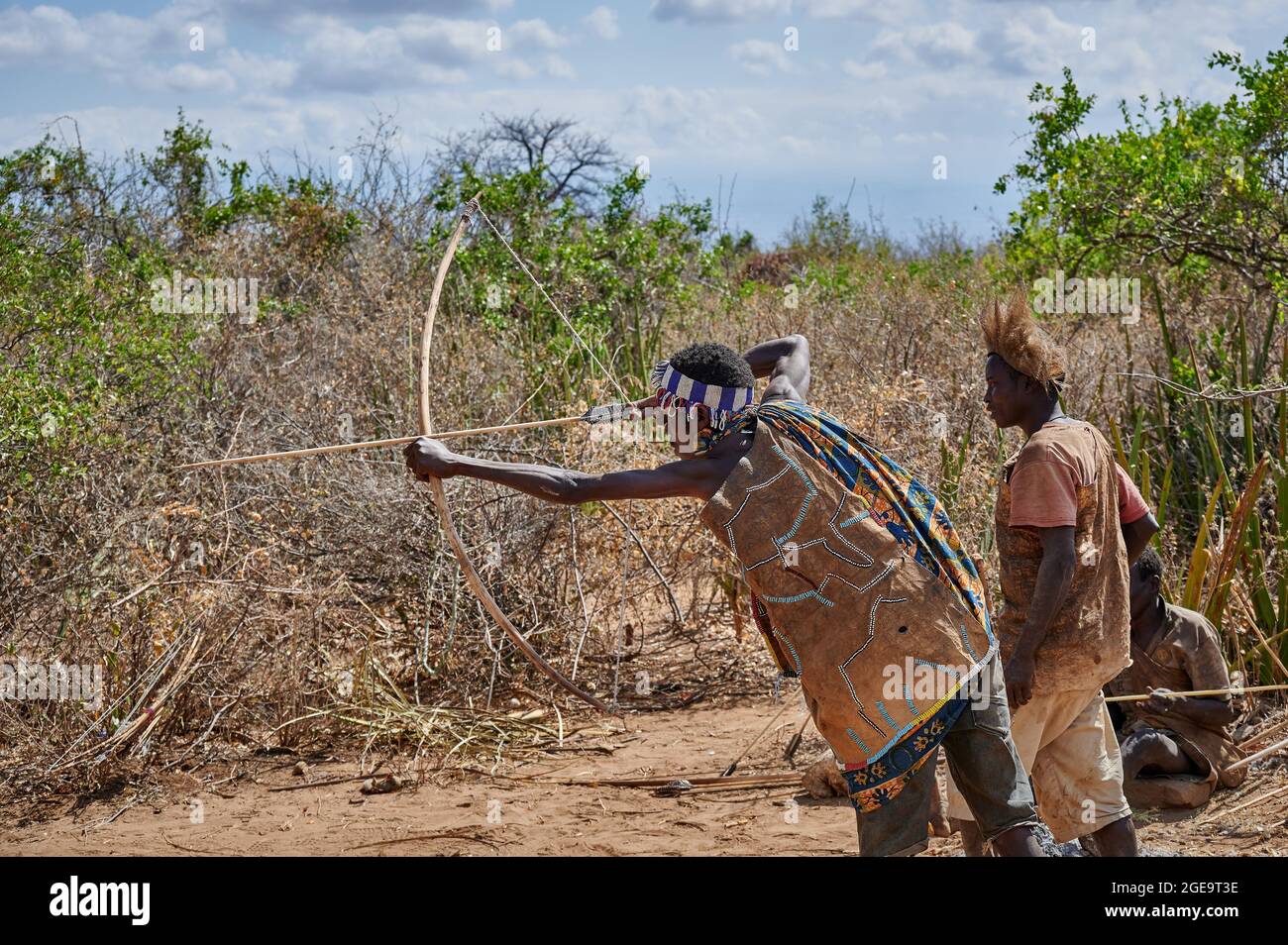 bushmen of Hadzabe tribe train the hunt with bow and arrow, Lake Eyasi ...