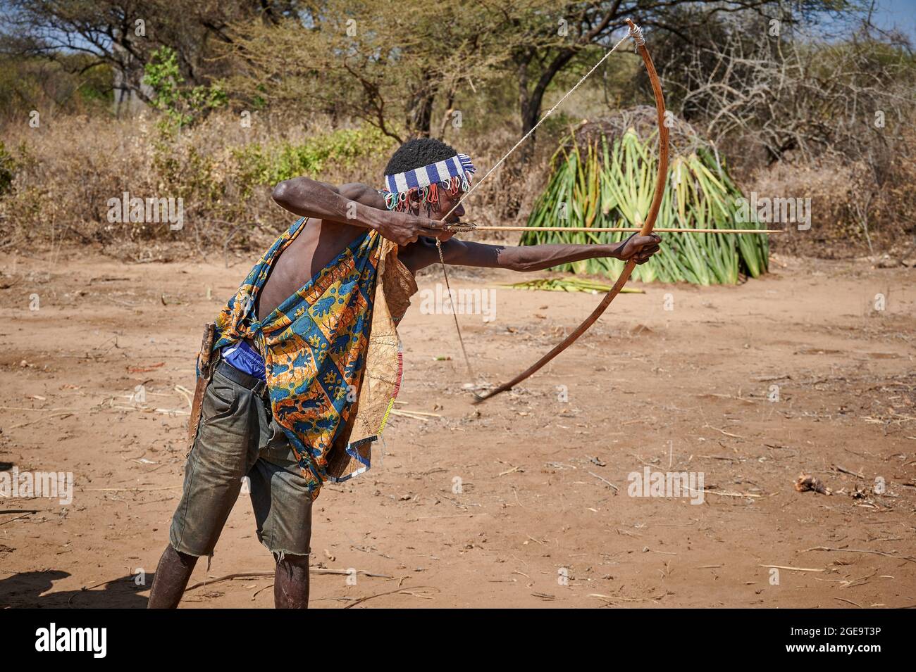 bushmen of Hadzabe tribe train the hunt with bow and arrow, Lake Eyasi ...