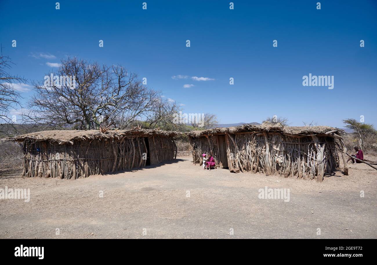 huts in village of Datoga tribe, Lake Eyasi, Tanzania, Africa Stock ...