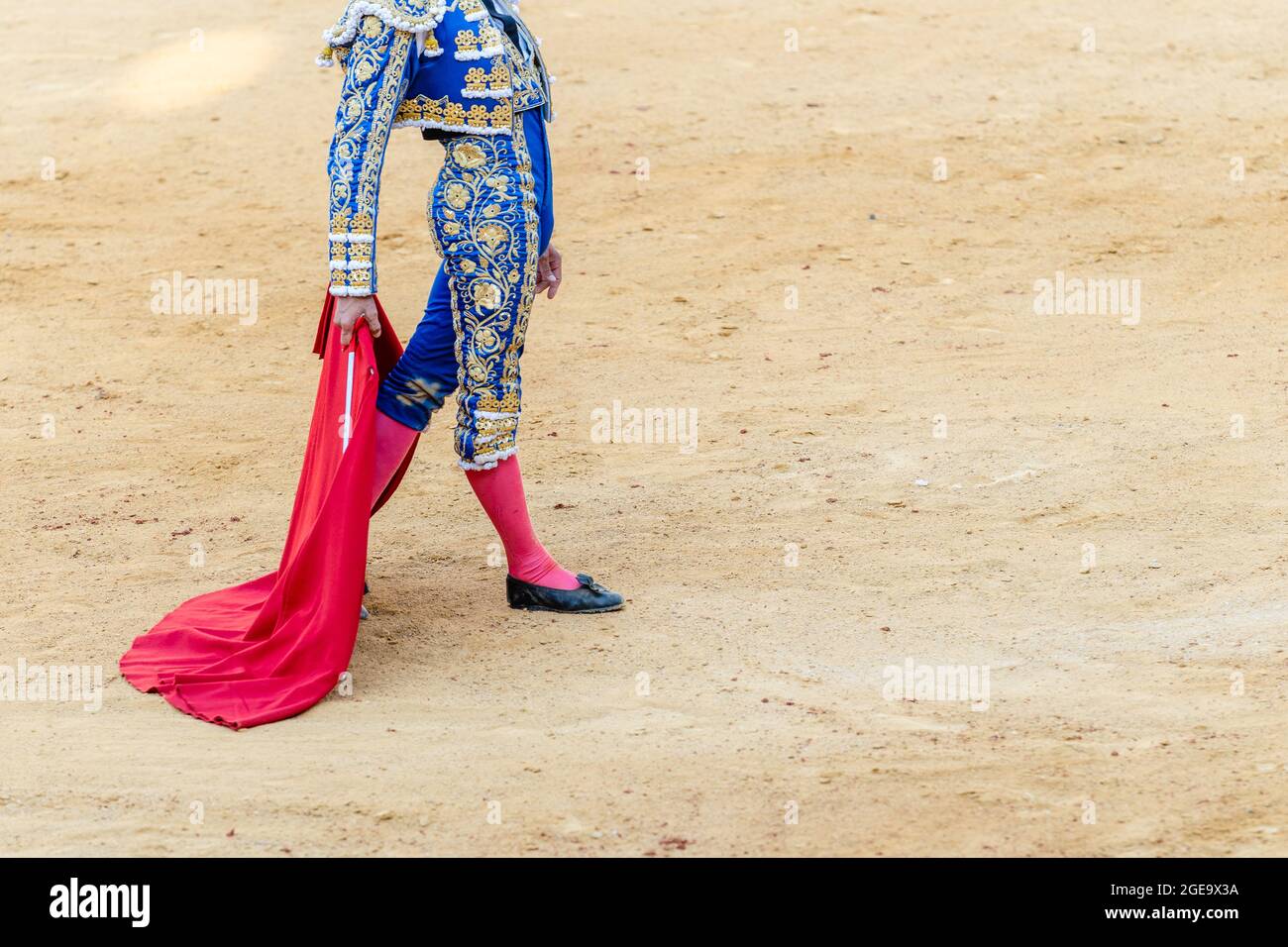 Crop of unrecognizable bullfighter in traditional costume holding estoc ...