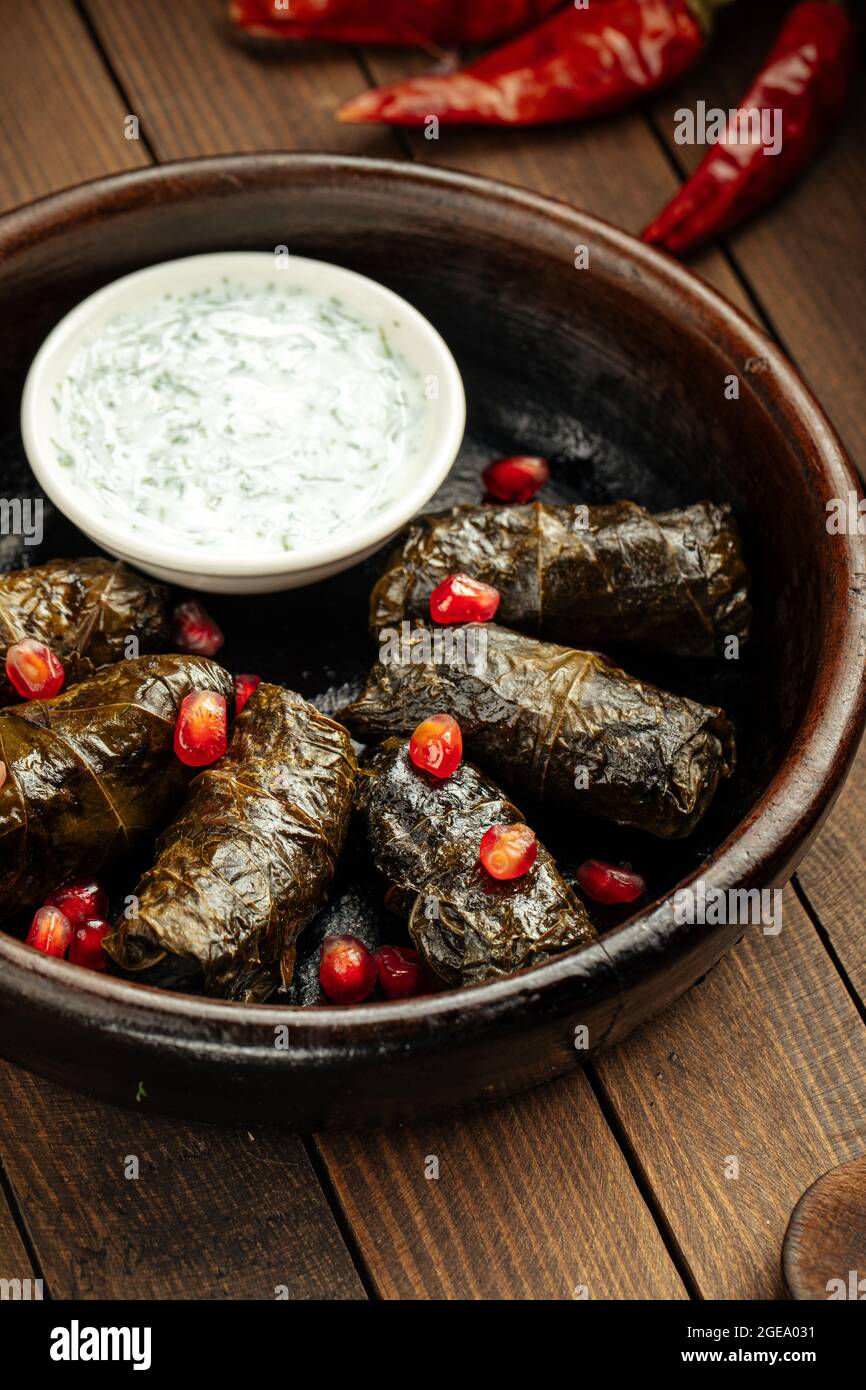 Georgian dolma stuffed grape leaves Stock Photo - Alamy
