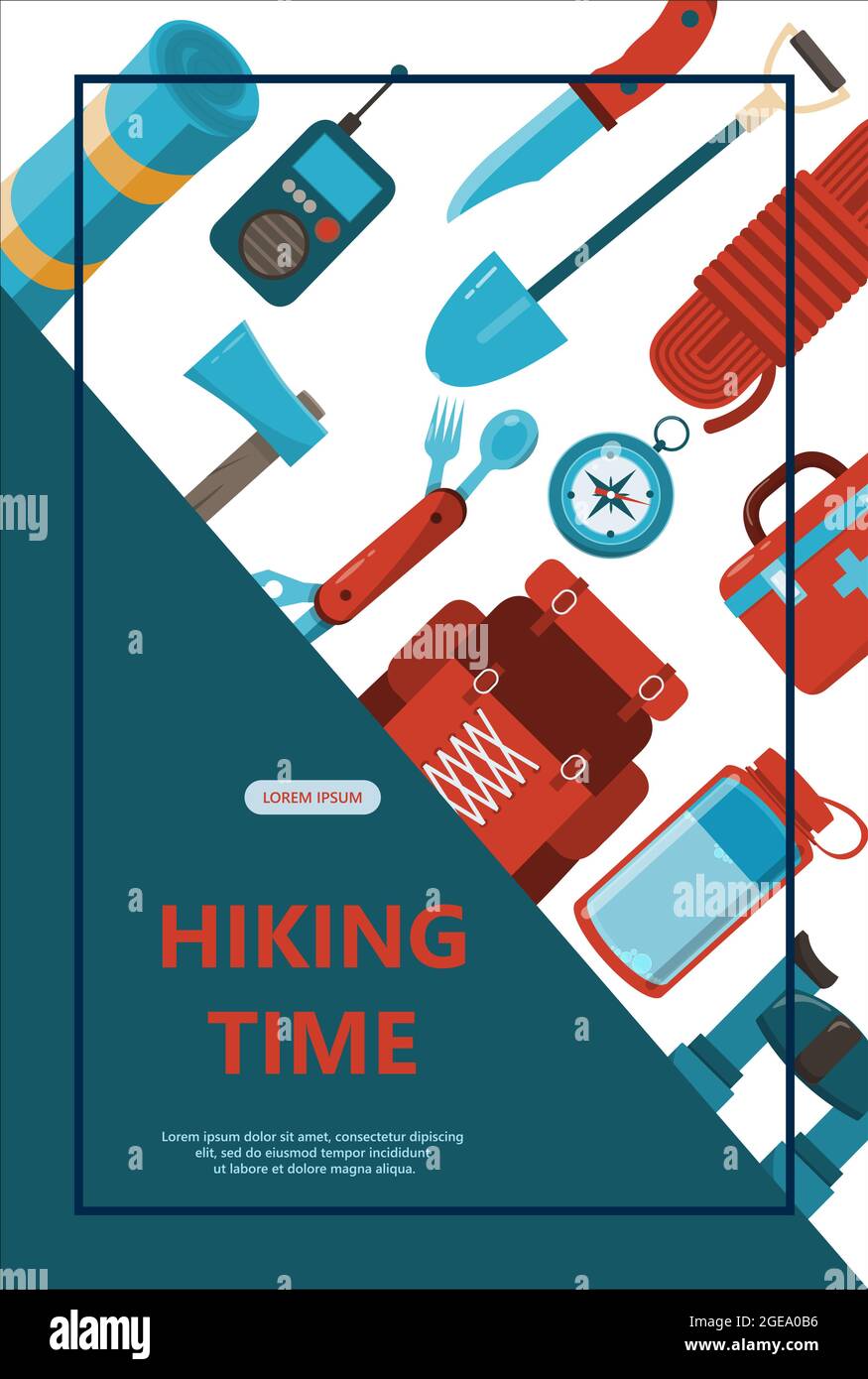 Camping adventure time vector illustration Banner with flat equipment ...