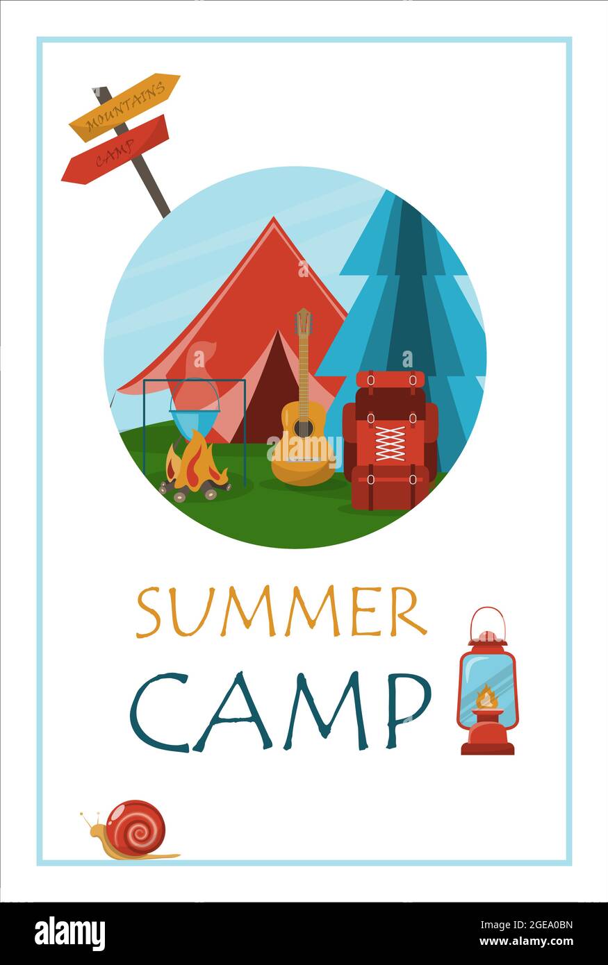 Camping adventure time vector illustration Banner with flat equipment ...