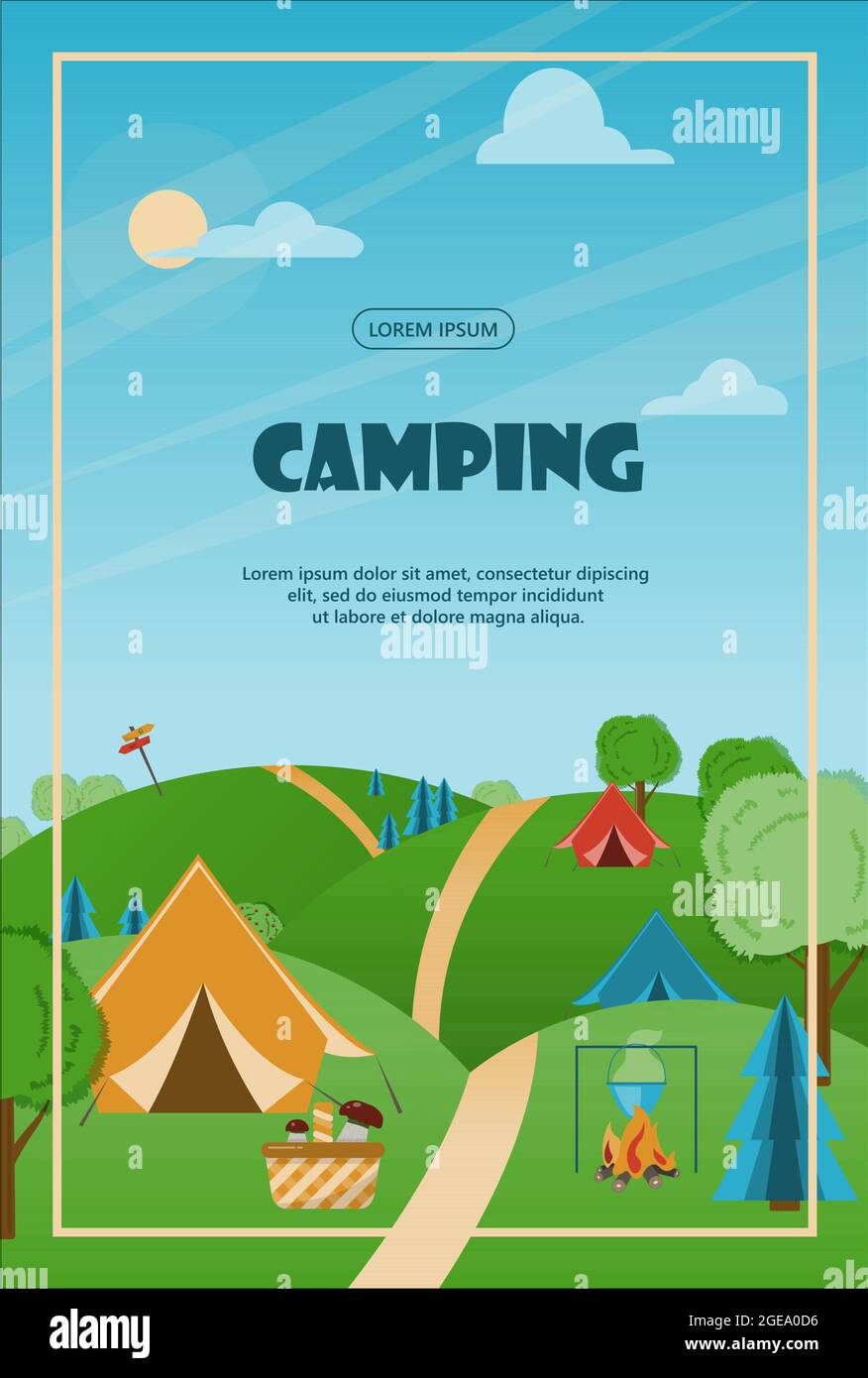 Camping adventure time vector illustration Banner with flat equipment ...