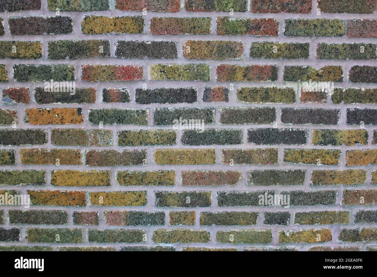 Hardy and rugged masonry brick wall created from many colorful bricks ...