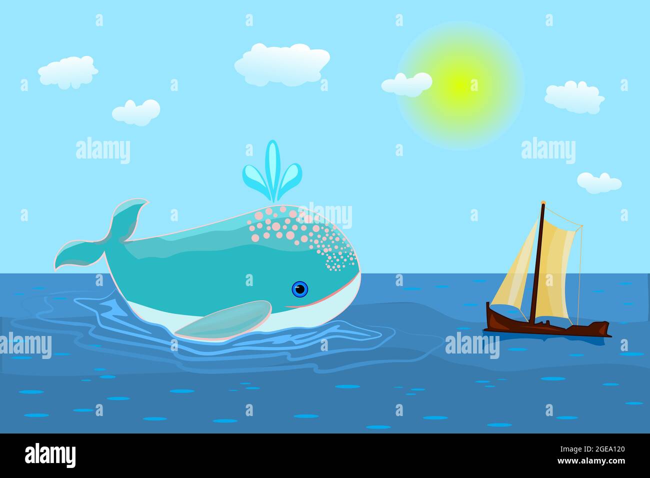 Blue whale and sailboat in the ocean. Seascape with boat and whale ...