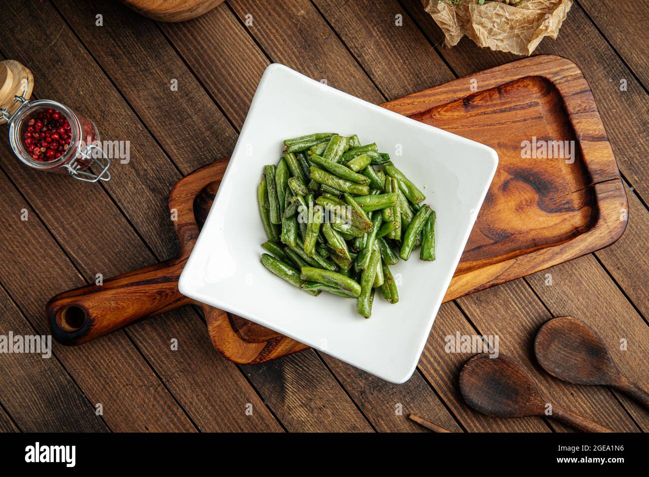 Plate of fried green string beans garnish Stock Photo - Alamy