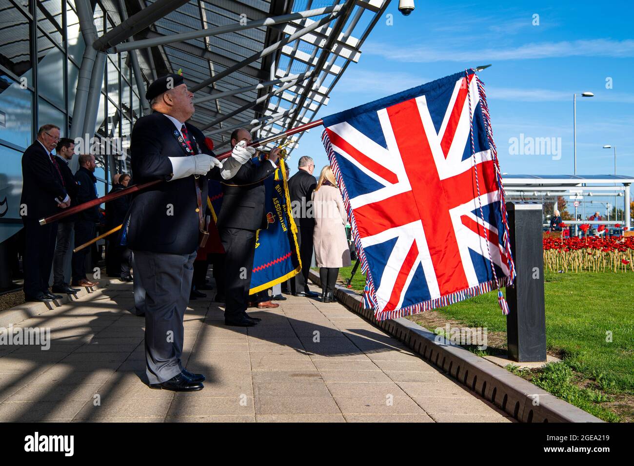 A Military Veteran flag bearer stands to attention on Remembrance ...