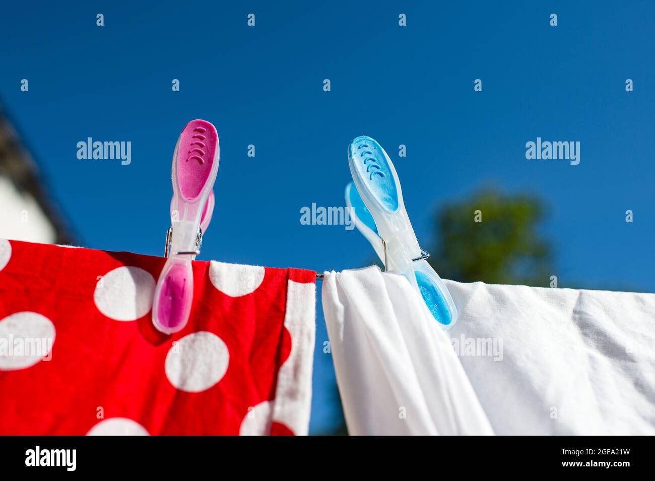 Two brightly coloured pegs holding washing on a line in bright sunshine ...