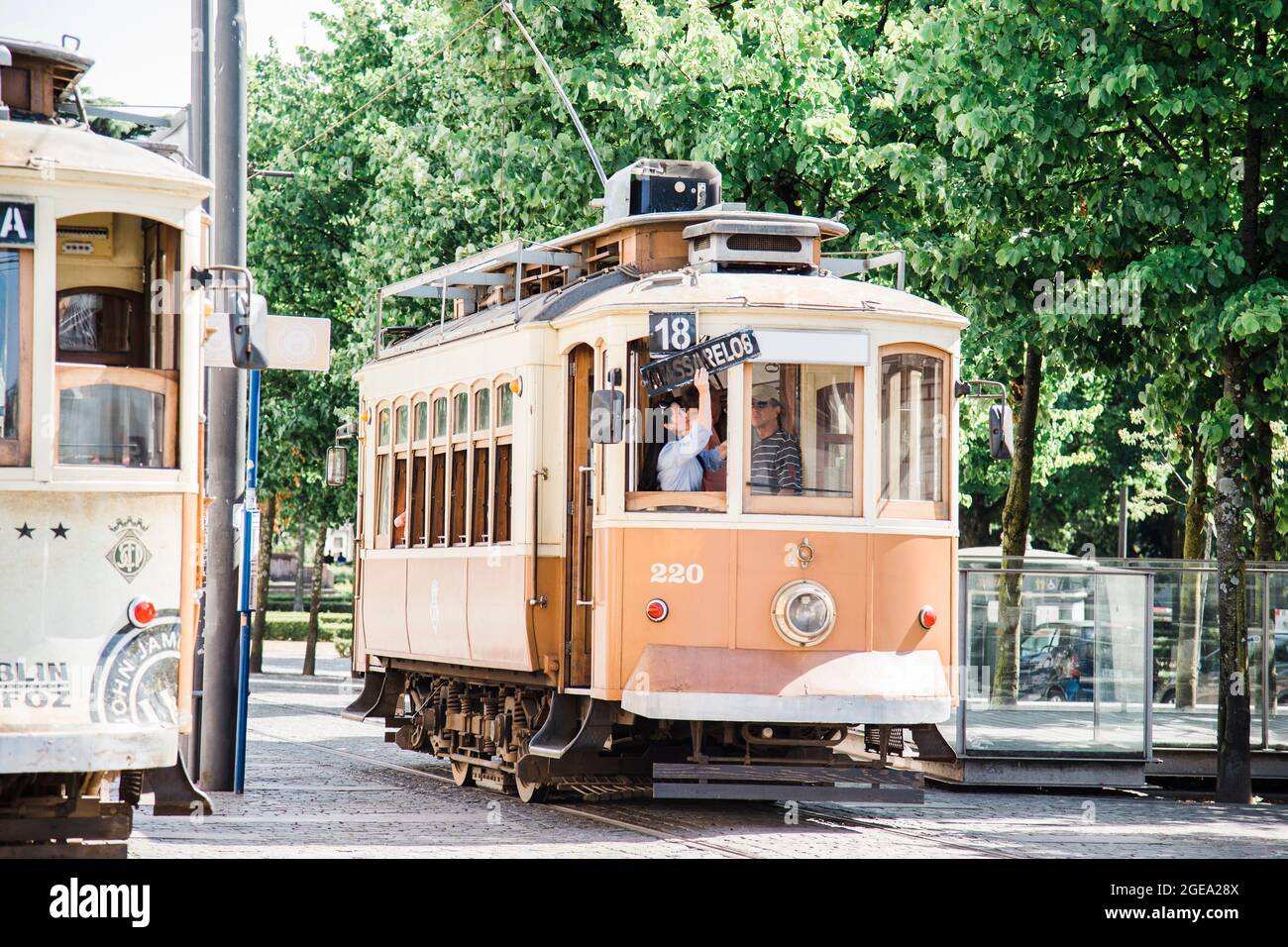 Tram driver changing the destination sign Stock Photo - Alamy